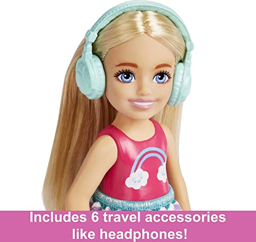 Barbie Chelsea Doll & 6 Accessories, Travel Set with Puppy, Pet Carrier & Backpack that Opens & Closes, Blonde Small Doll