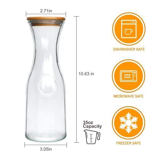 Cadamada 35oz Glass Carafe,Glass Pitcther with Wooden Caps,Suitable for Wine,Fruit Tea,Drinks,Drinking Water,Home Kitchen,Bar Party,Wedding Scene(6pcs)