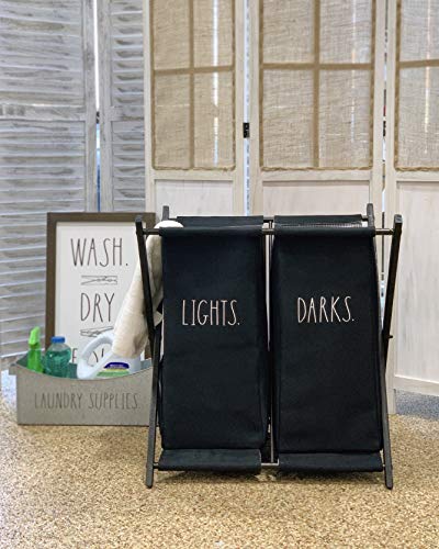 Rae Dunn Folding Laundry Hamper - Two Section Clothes Bin for Easy Divide of Lights and Darks - Foldable Basket for Bedroom, Bathroom, Nursery, Dorm - Metal and Black Fabric Home Décor