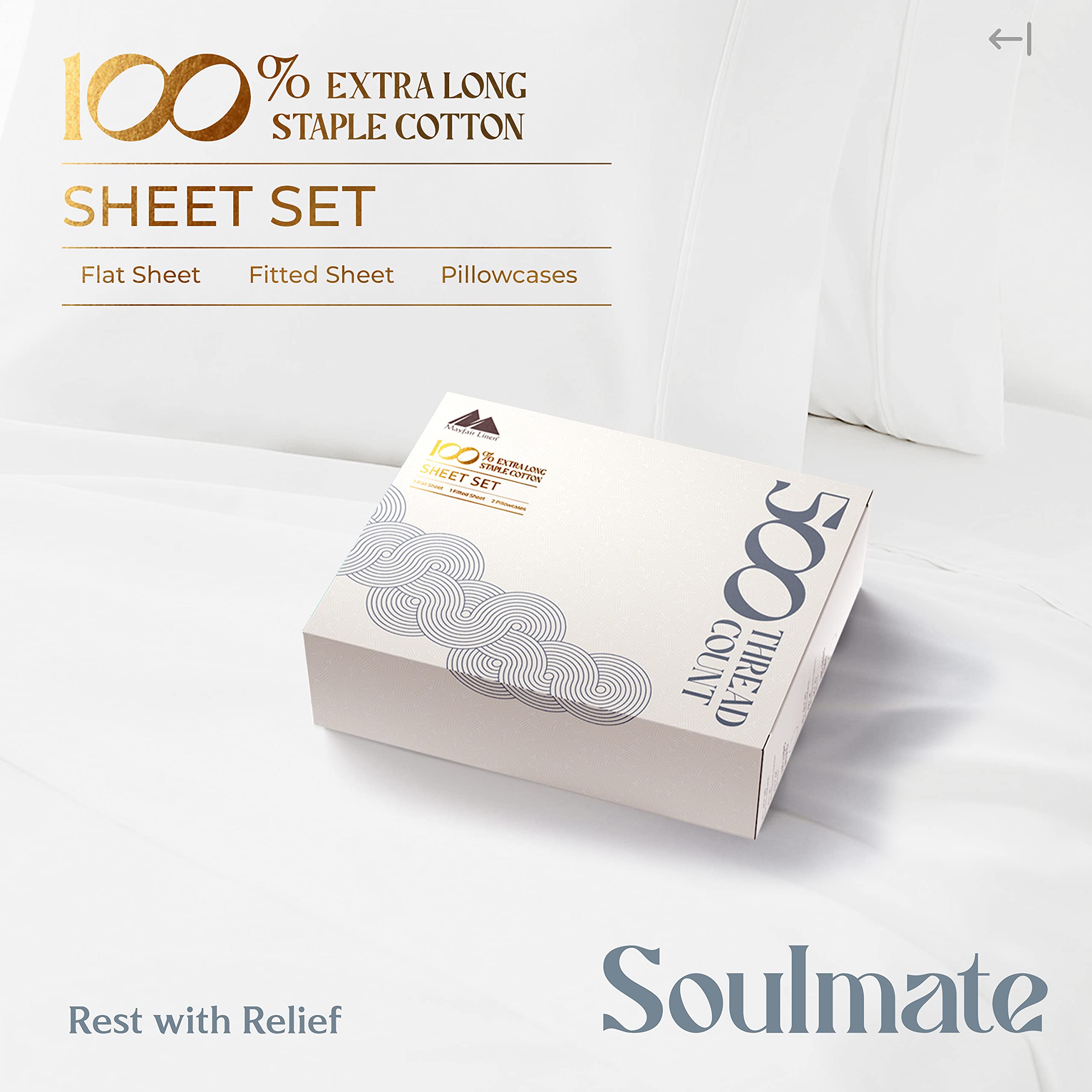 500 Thread Count 100% Cotton Sheet White King Sheets Set, 4-Piece Long-Staple Combed Pure Cotton Best Sheets for Bed, Breathable, Soft & Silky Sateen Weave Fits Mattress Upto 18'' Deep Pocket