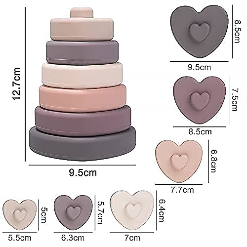 Baby Step Silicone Stacking Toys for Babies – Soft Building Tower & Baby Teether, Educational Ring Stacker Baby Sensory Toy, 6 Pieces Heart Shaped Purple Stacking Rings Tower