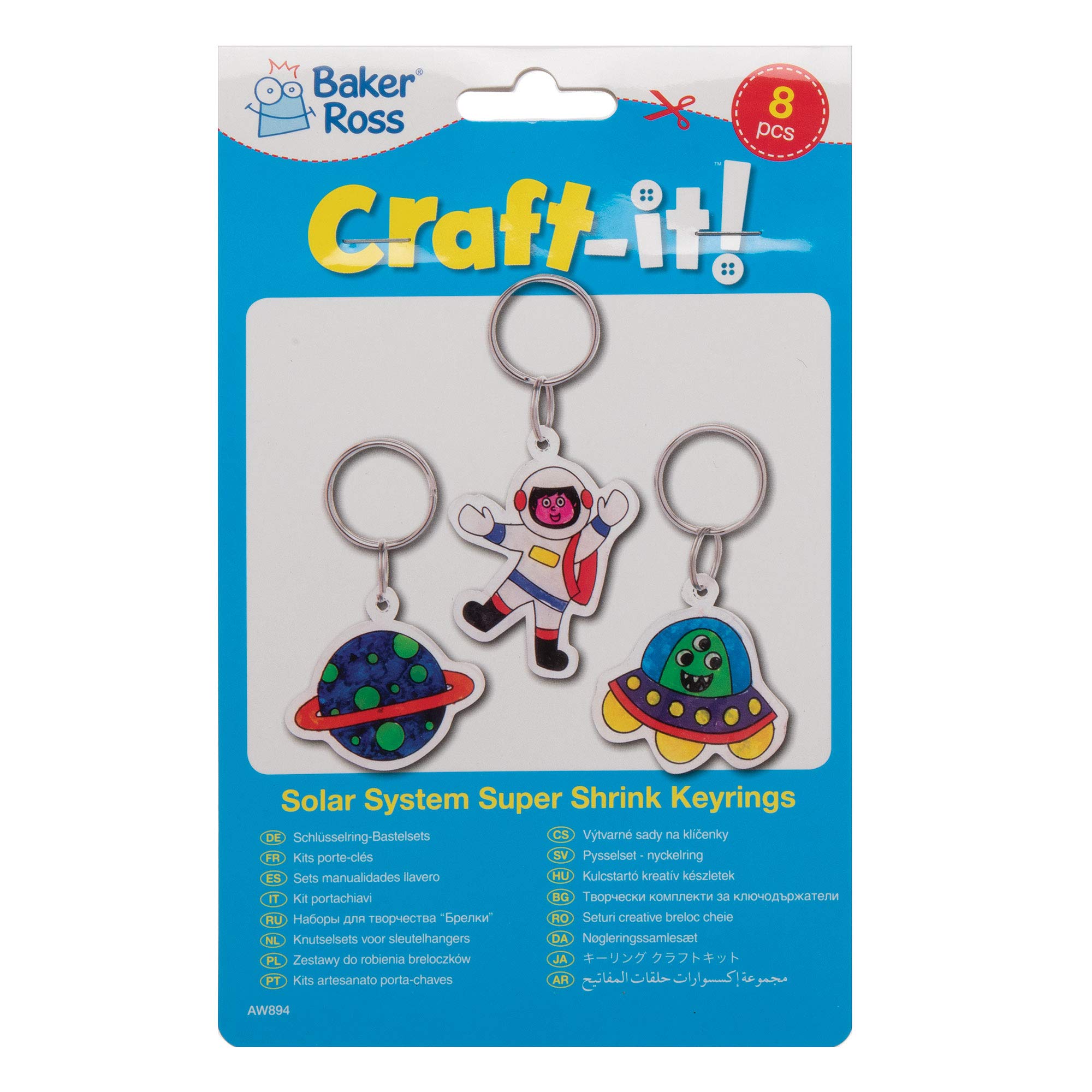 Baker Ross Ltd Solar System Super Shrink Keyrings, Arts and crafts for Kids (Pack of 8)