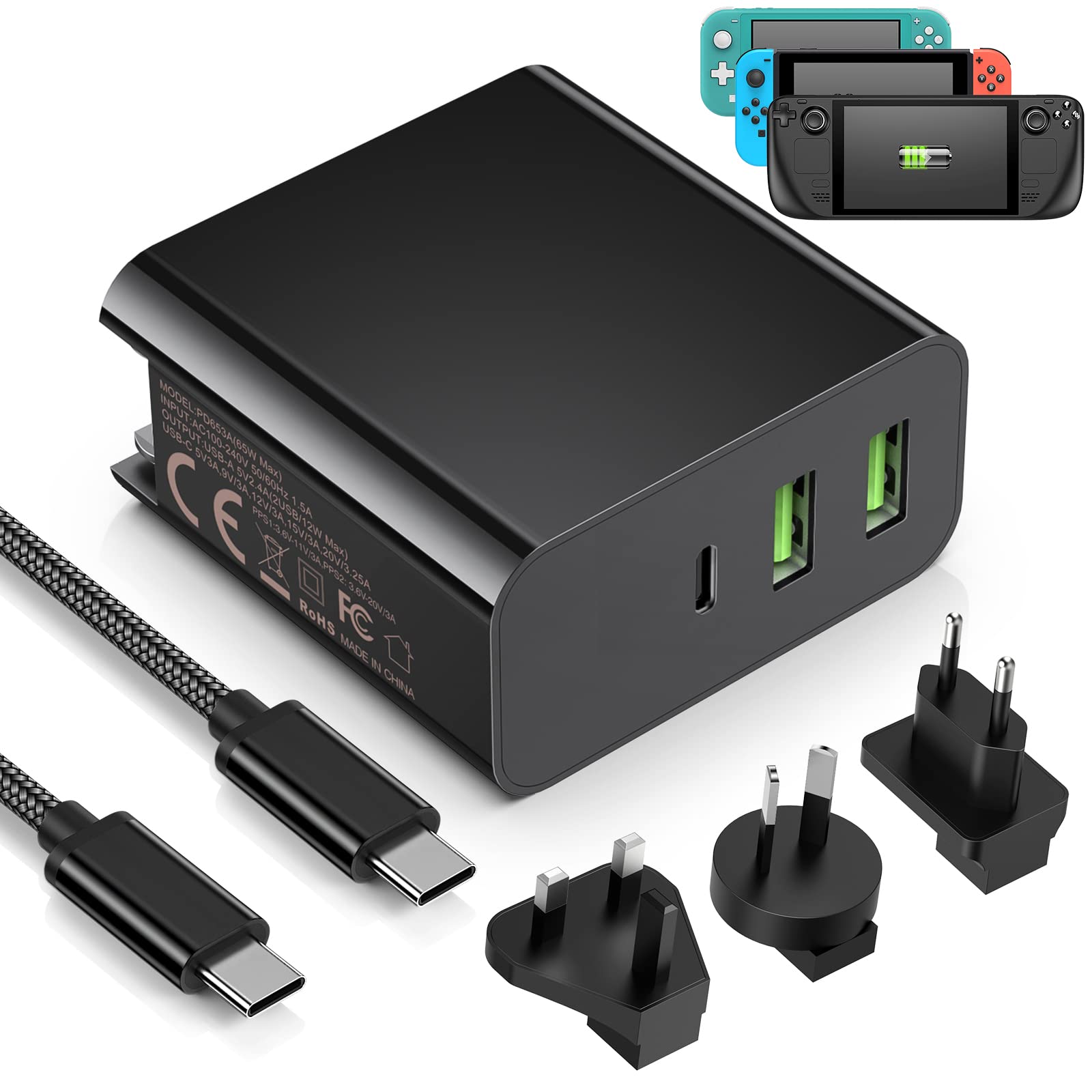 65W USB C Charger for Steam Deck,MENEEA Foldable Power Adapter 3 Port Fast Wall Charger & 6.6ft USB C Charging Cable Cord & US/UK/EU/AU Plug for Travel, Accessories for Steam Deck/Phone/Tablet/Laptop