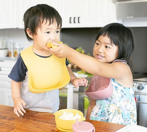 BabyBeesKnees Baby led weaning supplies-complete starter set-Silicone feeding set-suction bowl space saving suction plate self feeding spoons-easy to use solid food eating set 6+months (Dusty Rose)