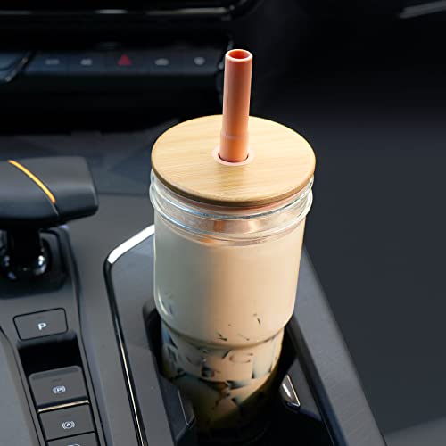 Cafezi 24oz Mason Jar Drinking Glasses with Bamboo Lids and Straws 2 Pack,Reusable Boba Cup Smoothie Tumbler Glass Bubble Tea Cup,Iced Coffee Cup,BPA Free, Dishwasher Safe