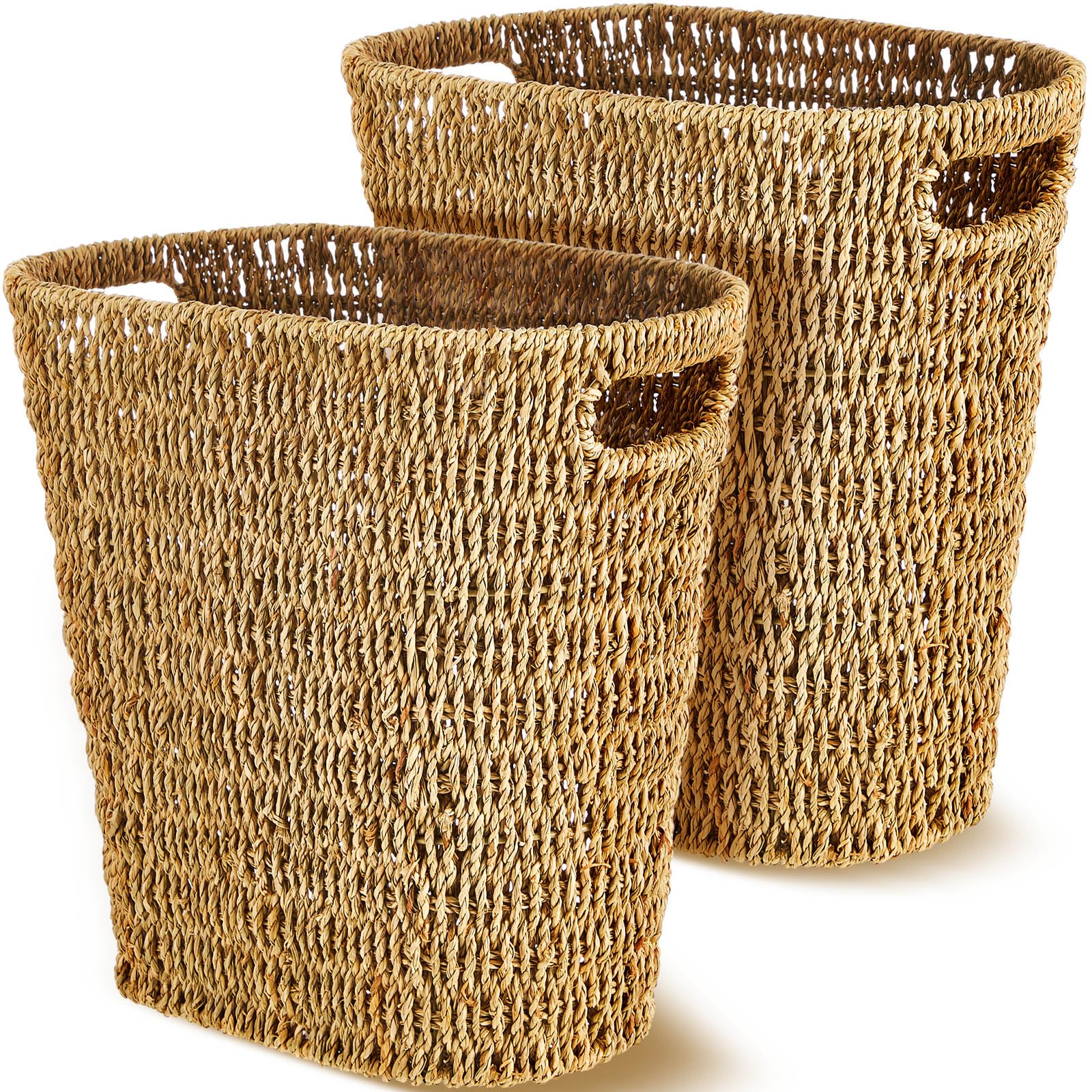Hushee 2 Pcs Wicker Waste Basket Wicker Trash Basket with Built in Handles Boho Woven Trash Can Decorative Oval Trash Bin for Bedroom Essentials Bathroom Offices Home(Brown, Plastic Water Hyacinth)