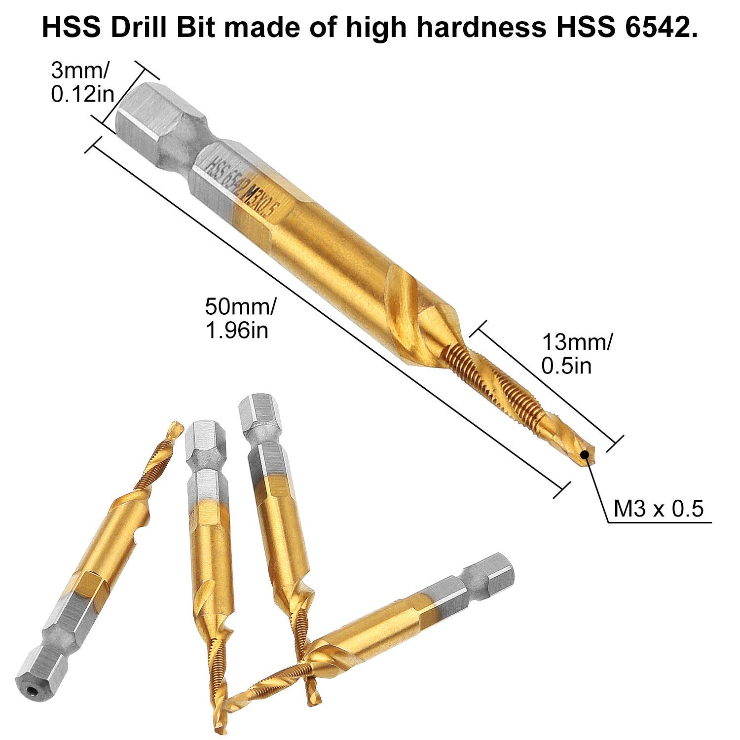 ABuff 5 Pcs M3 Tap HSS 6542 Combination Metric Thread Drill Bit, Titanium Drill Bit Set with Spiral Flute, Countersink Drill with Hex Shank, Tap Set for Drilling, Tapping