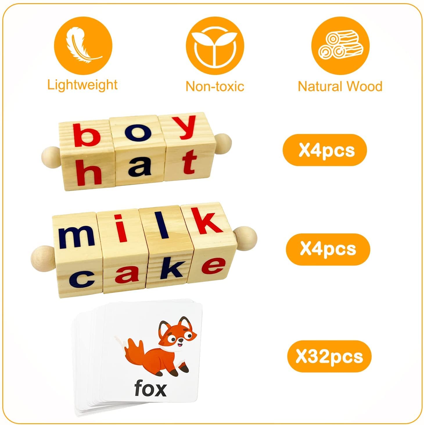 Celarlo Wooden Reading Blocks Spelling Games, Flash Cards Turning Rotating Letter Puzzle for Kids, Sight Words Montessori Spinning Alphabet Learning Toy for Boys Preschool