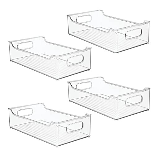 mDesign Wide Plastic Kitchen Storage Container Bins with Handles -Organization in Pantry, Cabinet, Refrigerator or Freezer Shelves - Food Organizer for Fruit, Yogurt, Squeeze Pouches - 4 Pack - Clear