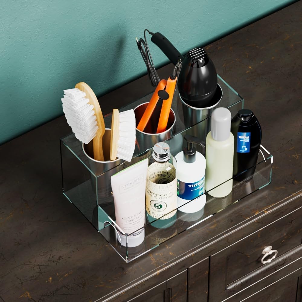 Punchish Hair Tool Organizer White 11.8"x 7.3"x 5.3" β Acrylic Hair Organizer Storage for Hot Tools - Including 3 Stainless-Steel Cups & 1 Rectangular Section with 2 Screws & Anchors for Wall Mounting
