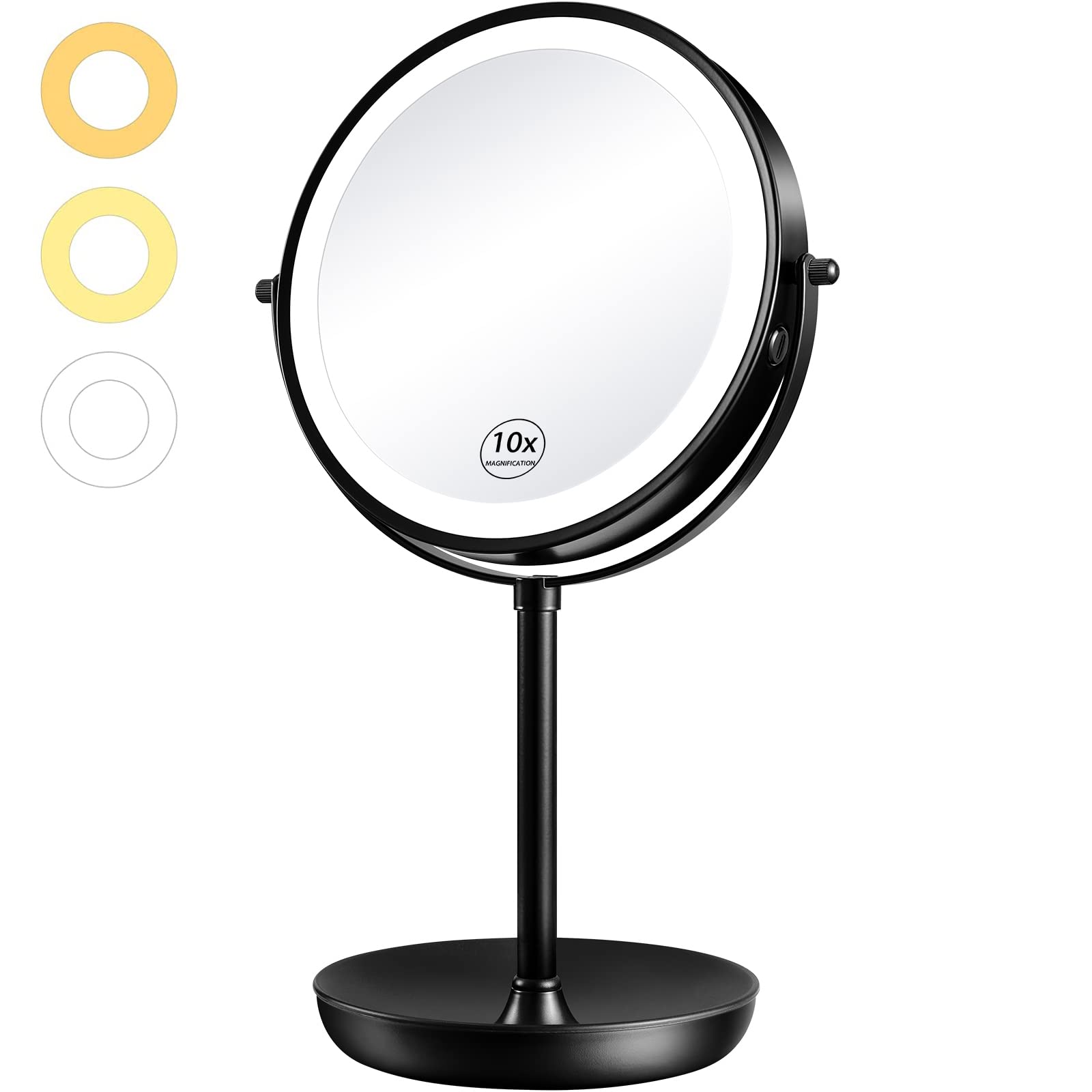 KEDSUM Rechargeable 1X/10X Magnifying Mirror with Light, 8" Lighted Makeup Mirror Double Sided Magnifying Vanity Mirror with 3 Color Lights, Brightness Adjustable, Cosmetic Mirror with Storage Tray