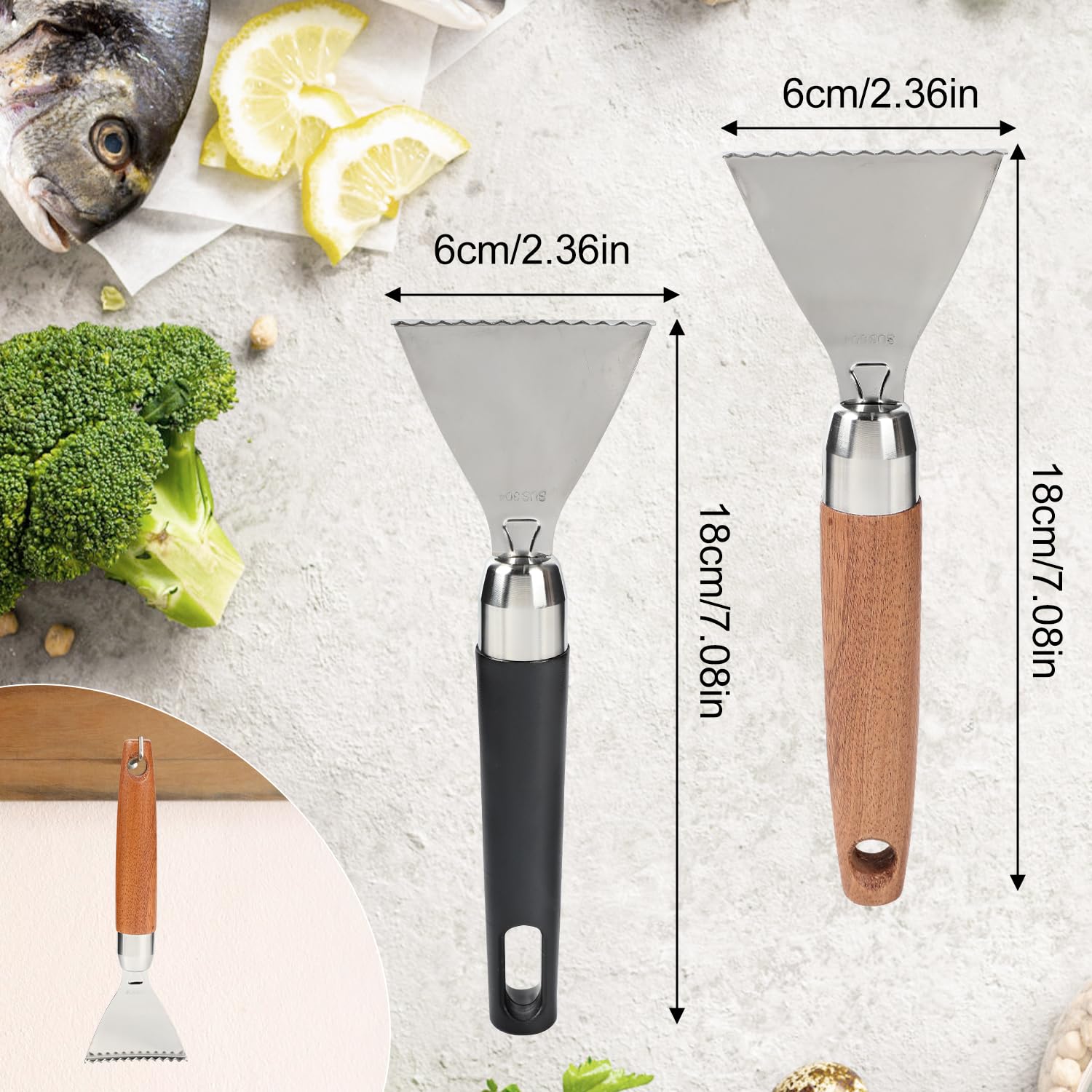 2Pcs Stainless Steel Sharp Durable Fish Scale Remover,304 stainless steel Fish Scale Remover,Portable Cordless Kitchen Fish Scaler Fish for Chef and Home Cooks Fish Cleaning tools(Black+Brown)