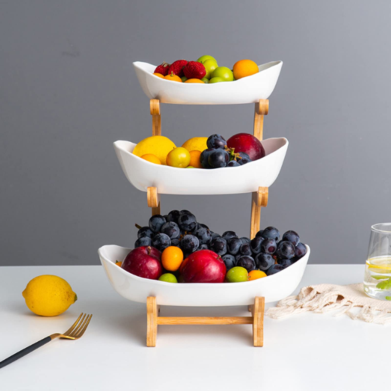 3 Layer Ceramic Fruit Plate,3 Tier Serving Platter Tray Kitchen,Porcelain Tiered Vegetable Serving Tray Dessert Appetizer Cake Dish with Wood Stand for Kitchen and Home,for Wedding Banquet