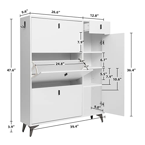 ARTETHYS Shoe Cabinet-Freestanding Shoe Storage Cabinet 22 Pair Shoe Rack Storage Organizer with 3 Flip Drawers-White Modern Shoe Organizer Cabinet with Doors for Entryway