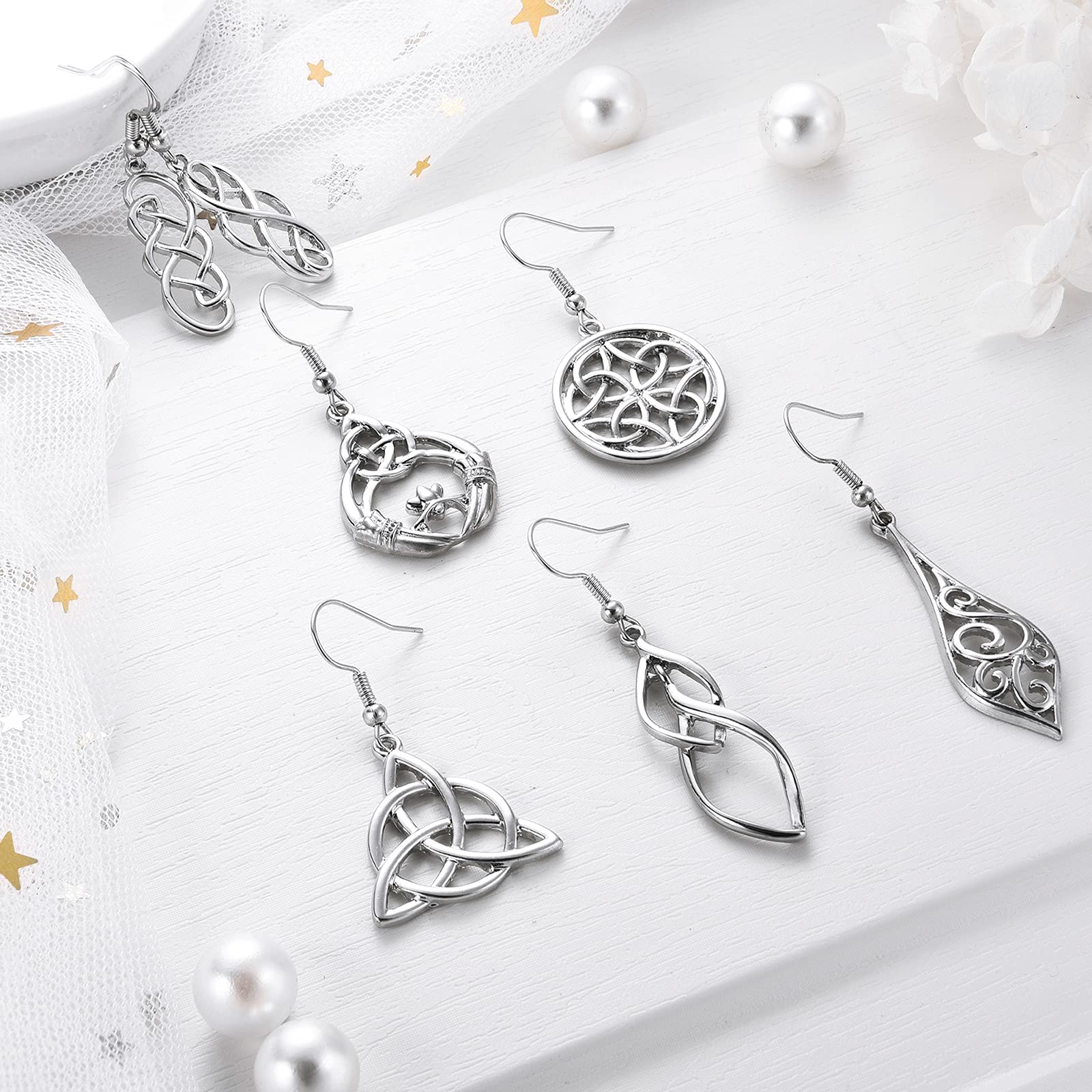 8 Pairs Celtic Knot Dangle Earrings Silver Knot Drop Earrings Hook Earrings