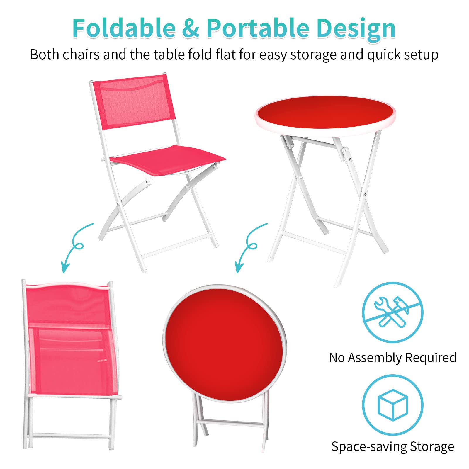 HAPPYGRILL 3 Pieces Patio Folding Bistro Set, Outdoor Foldable Chair & Table Set with Breathable Fabric, Tempered Glass Tabletop, Small Conversation Furniture Set for Porch Balcony Poolside Yard