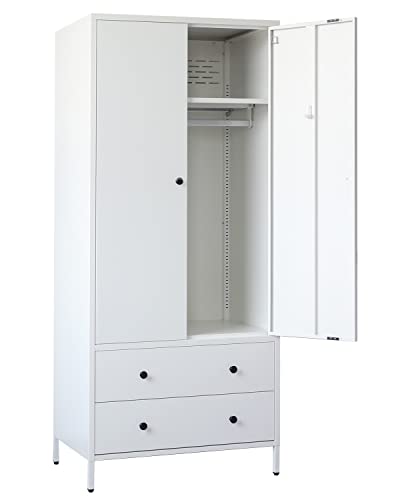 CJF Metal Storage Wardrobe with Hanging Rod, Armoire with 2 Doors and 2 Drawers,Steel Wardrobe Closet for Home, Office 74" H x 31.5" W x 20" D (White)