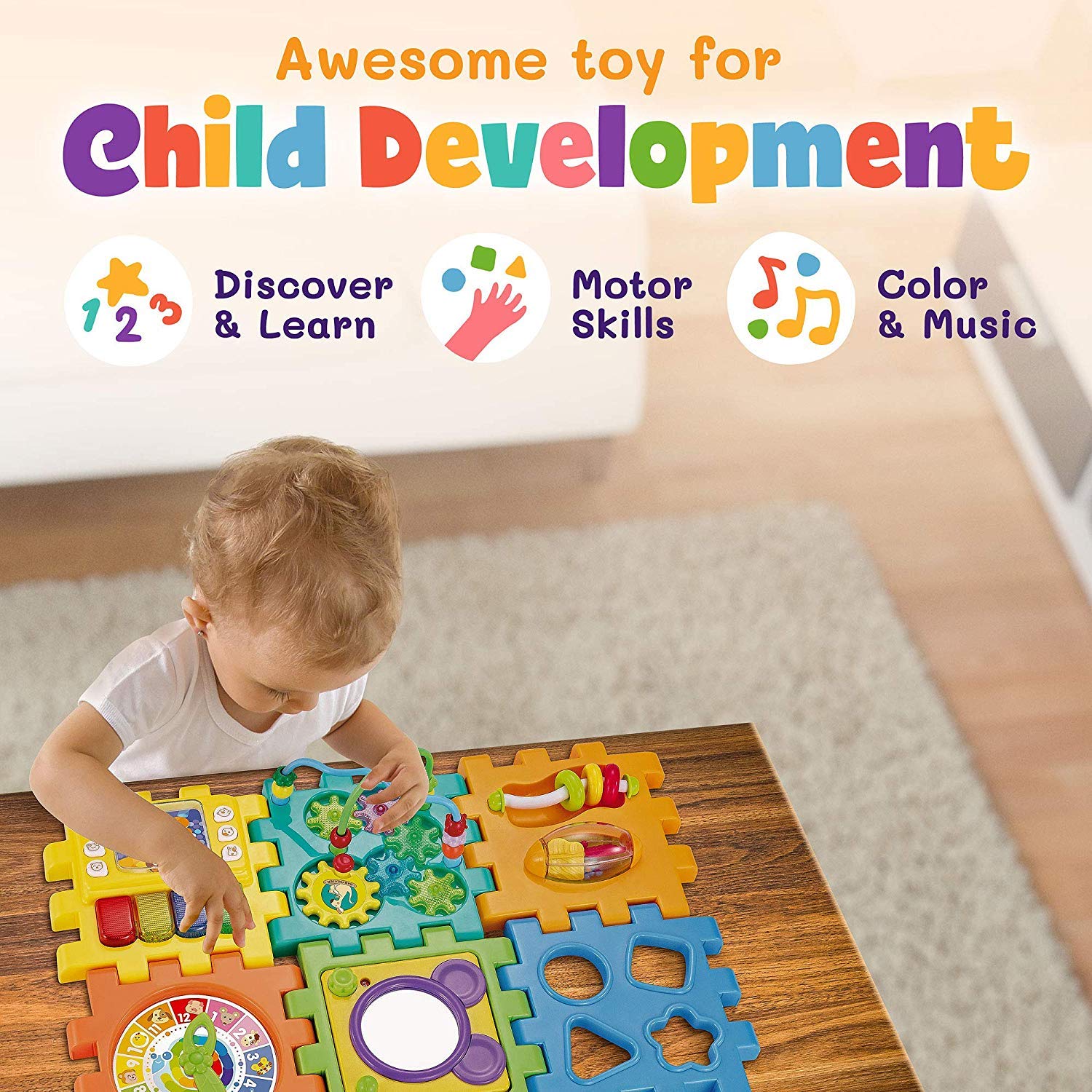BABYSEATER Baby Activity Cube β 6-in-1 Multi-Assembly Activity Square for Babies 10m+ β BPA-Free Play Cube for Infants & Toddlers Teaches Cognitive & Motor Skills with Music, Shapes, Gears & More