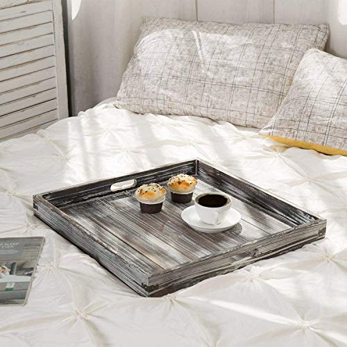 MyGift 19-inch Square Rustic Torched Wood Ottoman Tray with Vintage Metal Side Accent Wraps