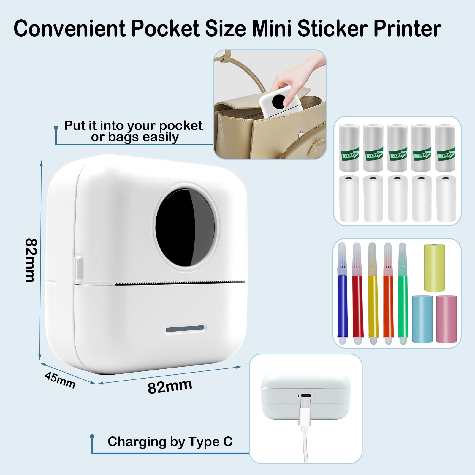MXiiXM Mini Sticker Printer, Portable Pocket Smart Inkless Thermal Printer with 13 Roll Papers, Bluetooth Mini Printer for Notes, Photos, Stickers, Labels, Receipts (Pink)