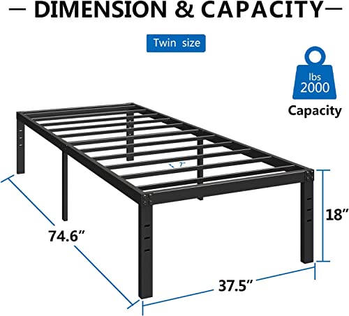 Artimorany Twin-Bed-Frames 18-Inch, Heavy Duty Platform Bed Frame, Steel Slats Support Mattress Foundation, No Box Spring Needed, Noise Free, Black