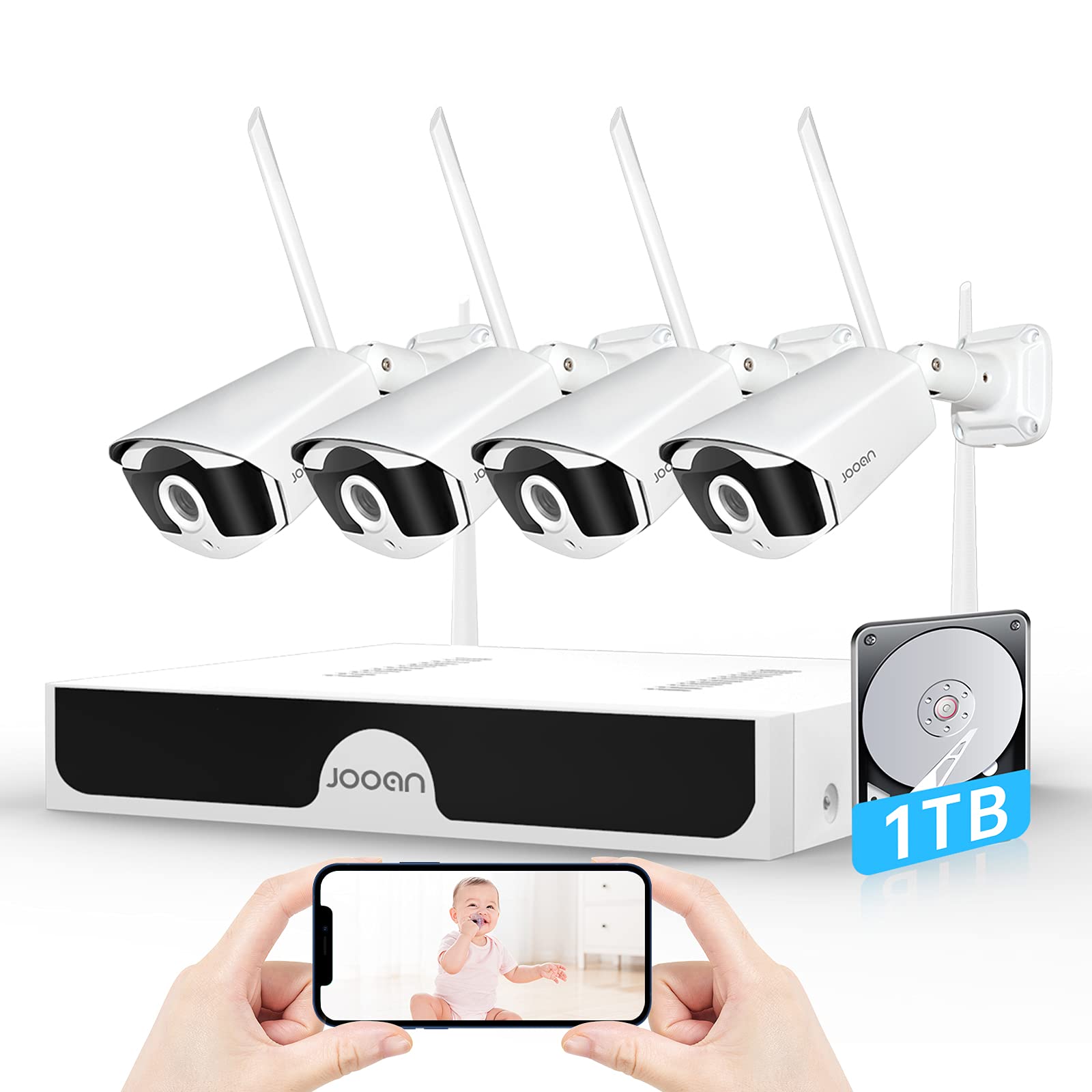 JOOAN 3MP Wireless Security Camera System, 8 Channel Waterproof Security Camera System, 4PCS Night Vision Security Cameras Wireless Outdoor with 1TB HDD, AI Human Detection, Audio Record, Motion Alert