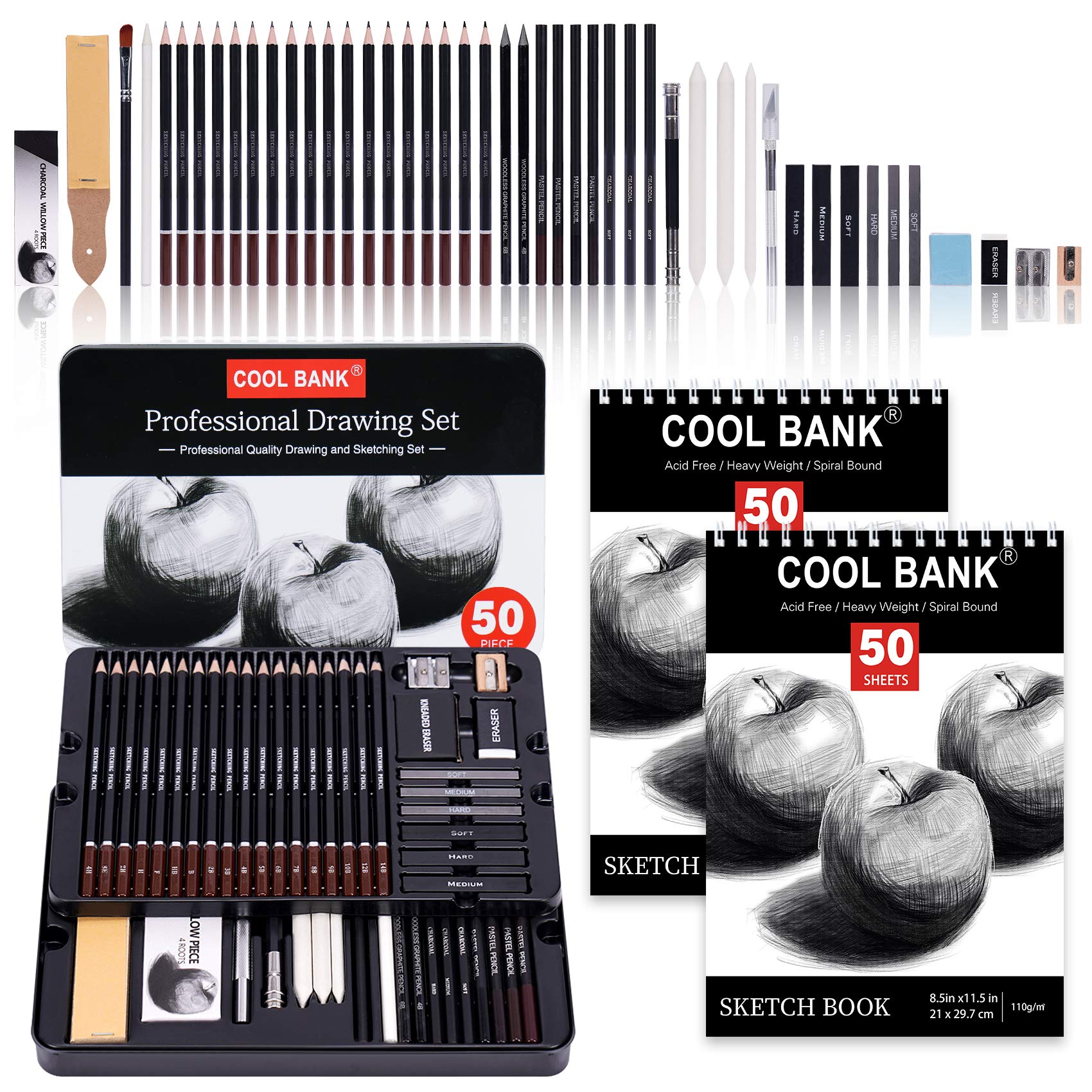 52-Piece Drawing Set with Pencils, Charcoals, Pastels - Includes 2 Drawing Pads, Sharpener, Art Supplies in Tin Box