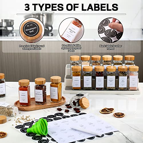 DIMBRAH Spice Jars with Label-4oz 15 Pcs Glass Spice Jars with Bamboo Lids,Spices Container Set with White Printed Spice Labels,Kitchen Empty Spice Jars