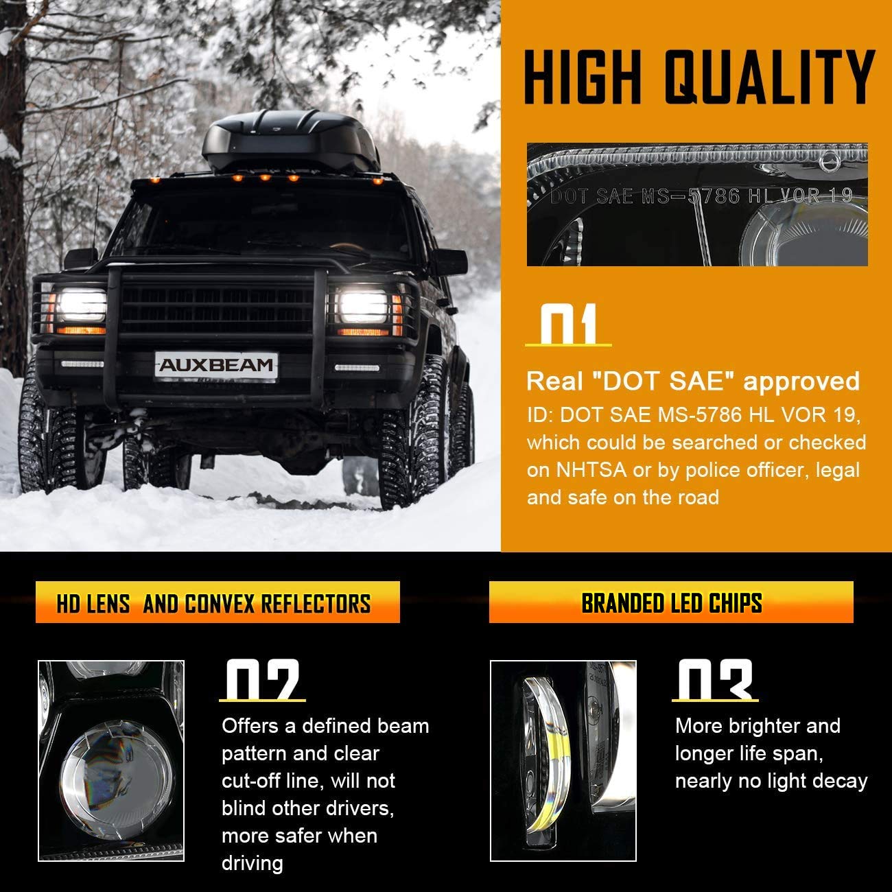 Auxbeam 5x7 7x6 Inch Led Headlights with High Low Beam H6054 6054 Led Rectangular Headlight Compatible for Jeep Wrangler YJ Cherokee XJ GMC Replacement H5054 H6054LL 69822 6052 6053 (Black)