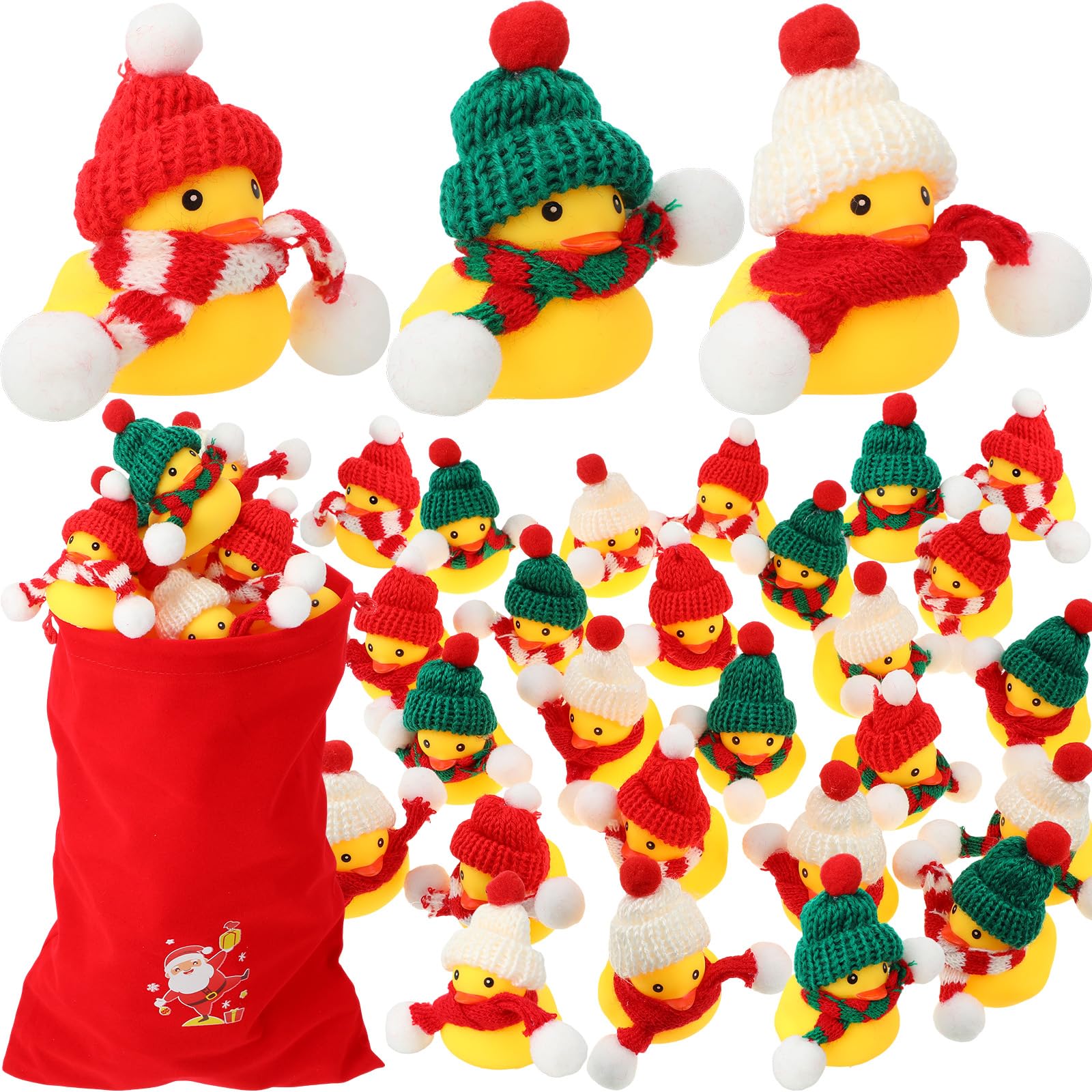 48 Pcs Christmas Rubber Ducks 2 Inch Mini Christmas Ducks Bath Toys Xmas Party Decorations Holiday Rubber Ducks with Drawstring Gift Bag for Boy Girl Holiday Class Prizes(Assorted Style)