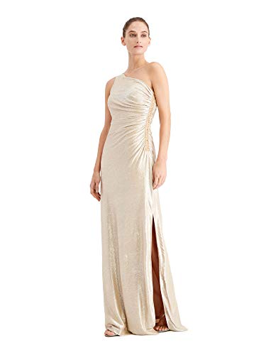 Calvin Klein One-Shoulder Gown with Side Ruching and Beaded Detail – Women’s Formal Dresses for Special Occasions, Buff/Silver 2, 4