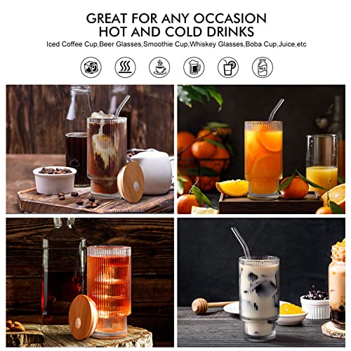 BOICHU Ribbed Glassware Set of 4, Ribbed Glass Cups with Lids and Straws - Vintage Ribbed Drinking Glasses with Bamboo Lids, 11 OZ Cute Fluted Glassware for Iced Coffee,Cocktail,Beer,Smoothie,etc