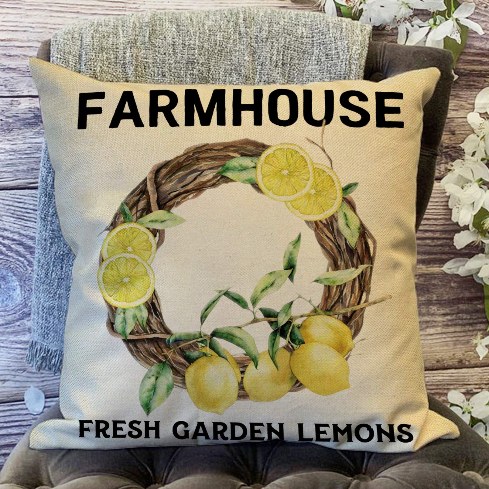 Softxpp Fresh Garden Lemons Wreath Decorative Farmhouse Throw Pillow Cover, Spring Summer Cushion Case Cotton Linen, Seasonal Home Decorations Square Outside Pillowcase Decor Sign for Sofa Couch 18x18