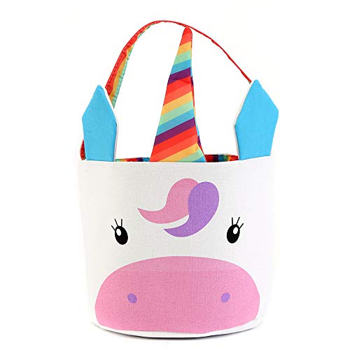 Unicorn Easter Basket Canvas Cartoon Easter Basket Bag for Eggs Hunts (Rainbow Unicorn)