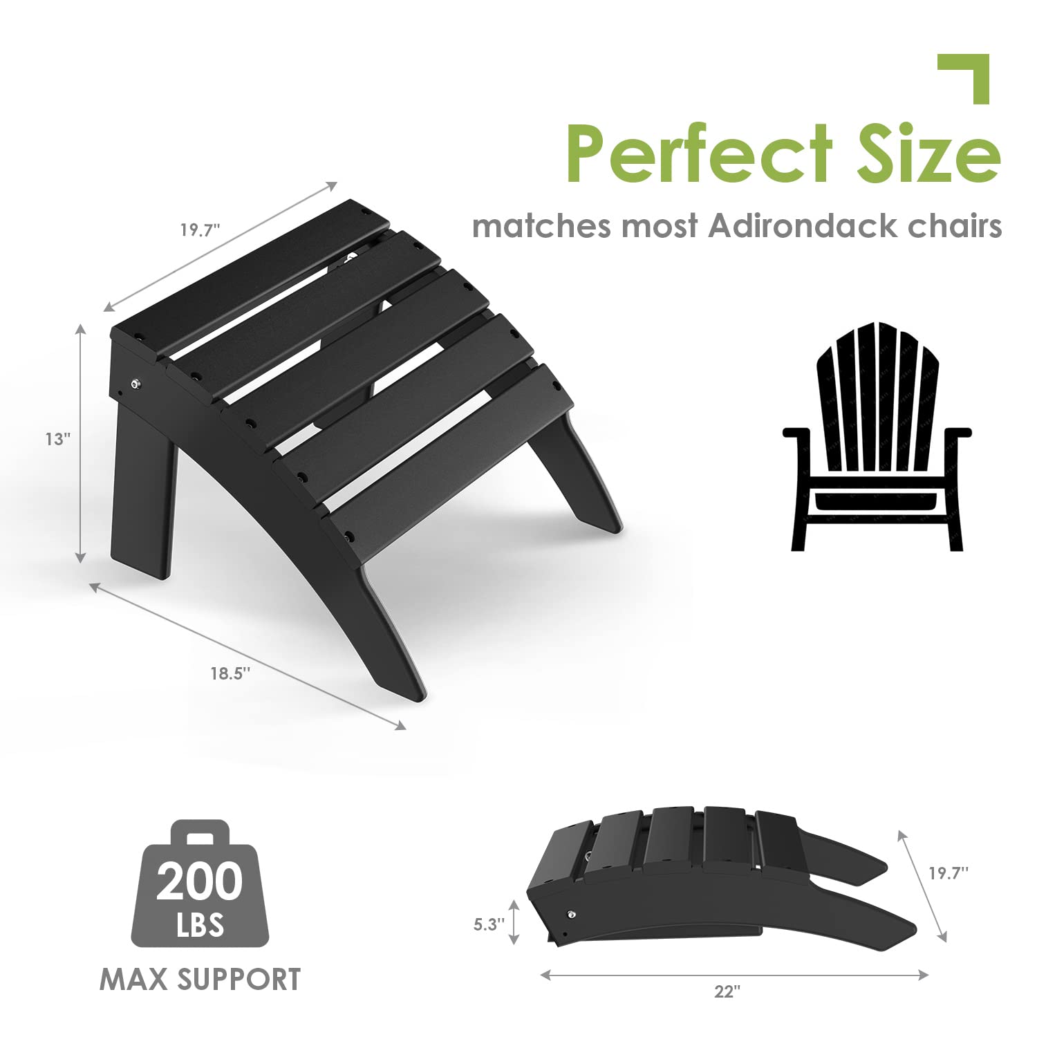 GREENVINES Adirondack-Ottoman | Folding | Set of 2 | HDPE Plastic | Outdoor Footrest | All Weather | Foot Rest | Foot Stool | Black | for Adirondack Chair | for Patio Backyard Pool