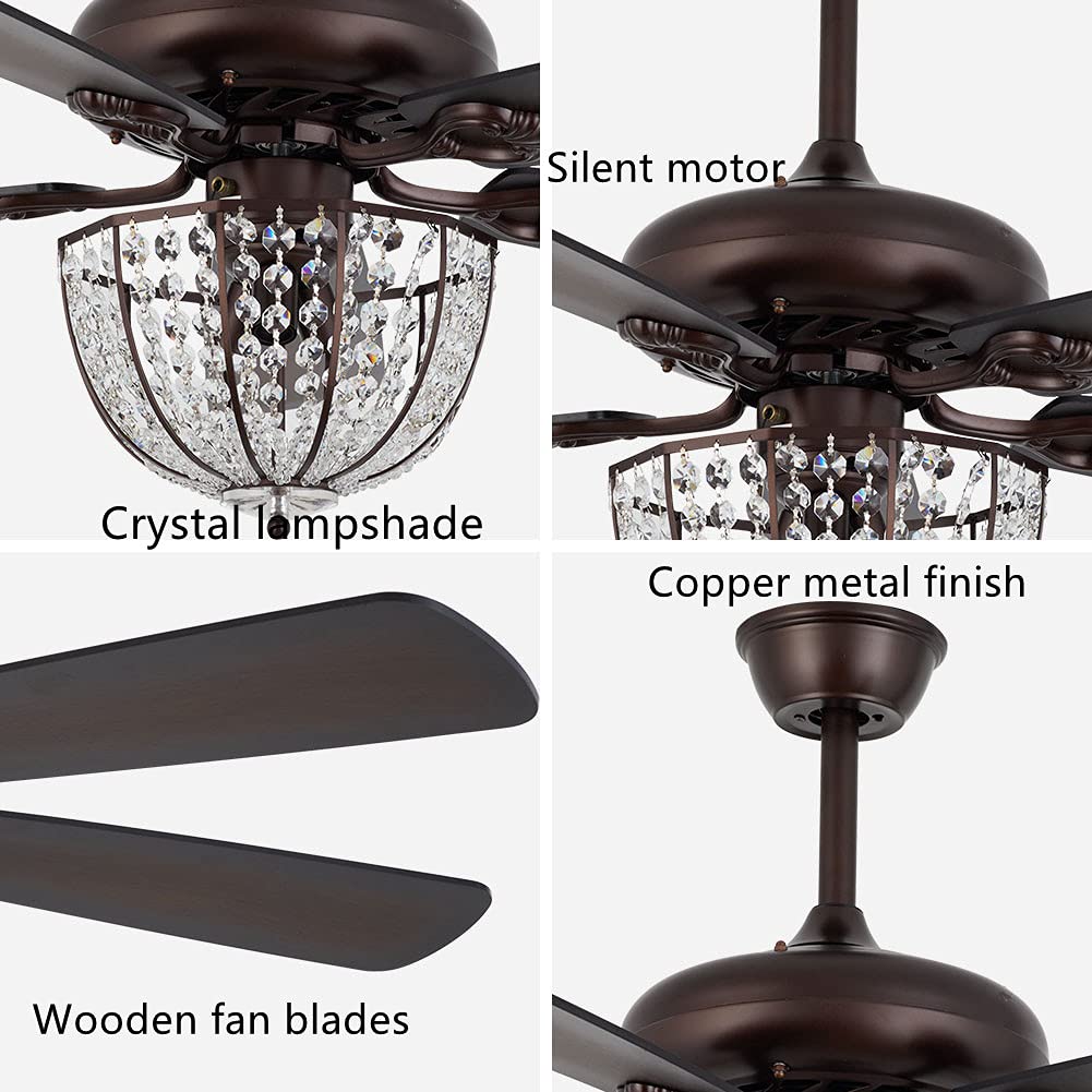 52-inch Ceiling Fan Light Fixture Chandelier Bronze with Remote Control Reverse Wood Fan Blade 3-Light for Home/Living Room Bedroom Home