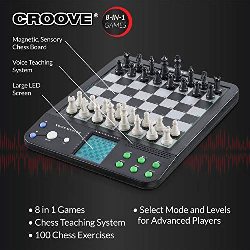 Croove Electronic Chess and Checkers Set with 8-in-1 Board Games, for Kids to Learn and Play
