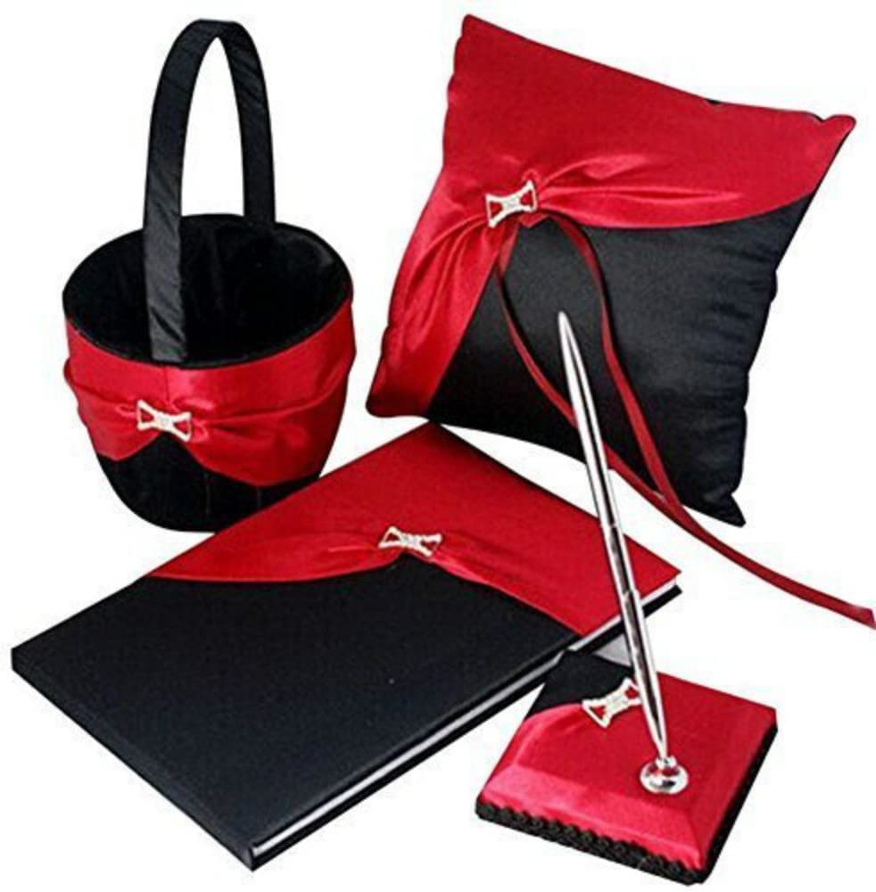 4Pcs Black & Red Wedding Supplies Set Flower Girl Basket + Ring Bearer Pillow + Guest Book + Pen Set Holder for Bridal Wedding Shower Ceremony Anniversary Celebrations Party Decorations