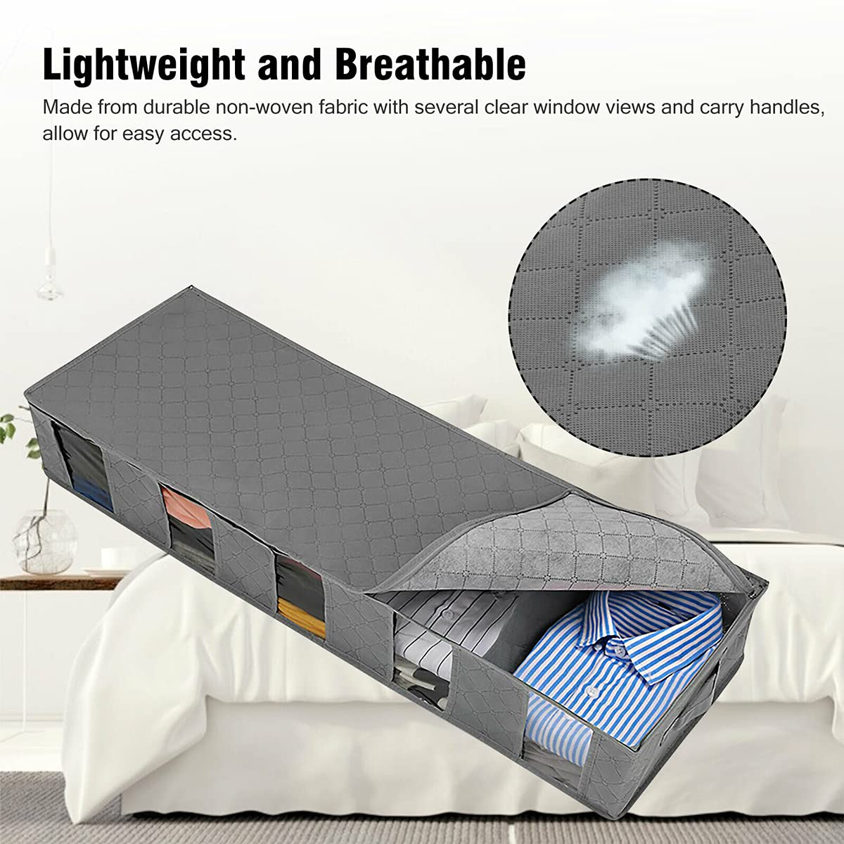 CHAFIN Under Bed Clothes Organizer,Dividers Storage Bag with Durable Fabric, Reinforced Handle, 5 Clear Window,Clear windows for Clothing, Shoes, Blankets, Sweaters, Toys,Grey, 2 Pack