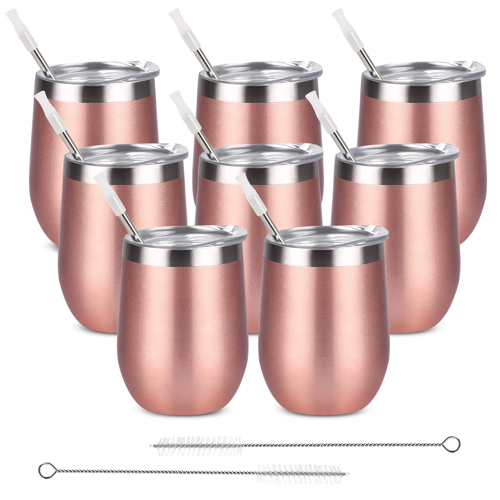 8 Pack 12 Oz Stainless Steel Stemless Wine Tumbler with Lid and Straw, Double Wall Vacuum Insulated Wine Glass for Wine, Coffee, Cocktails, Champagne, Ice Cream, Outdoor, Picnic, Set of 8, Rose Gold