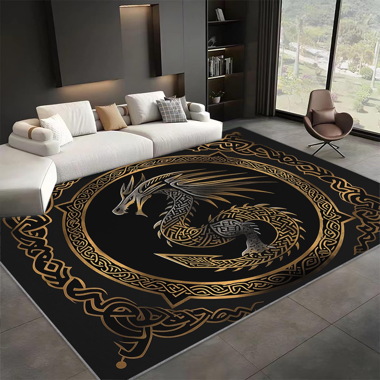 Area Rug for Living Room 5x8 ft, Viking Dragons Celtic Knot Patterns and Runes Print Rugs, Washable Area Rug Low-Pile Carpet, Non-Slip Floor Rugs for Kids Boy Teen Room Home Aesthetic Decor