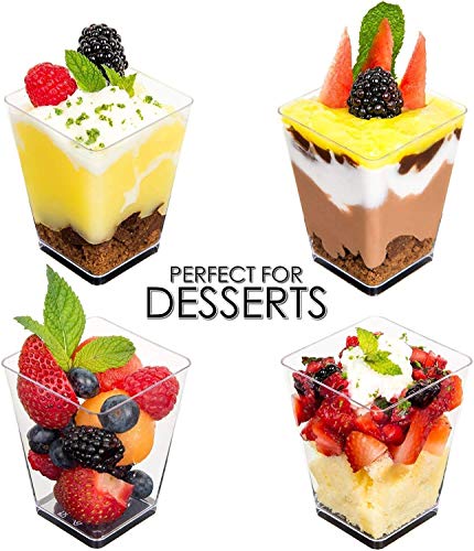 DLux 50 x 5 oz Mini Dessert Cups with Spoons, Square Large - Clear Plastic Parfait Appetizer Cup - Small Reusable Serving Bowl for Tasting Party Desserts Appetizers - With Recipe Ebook