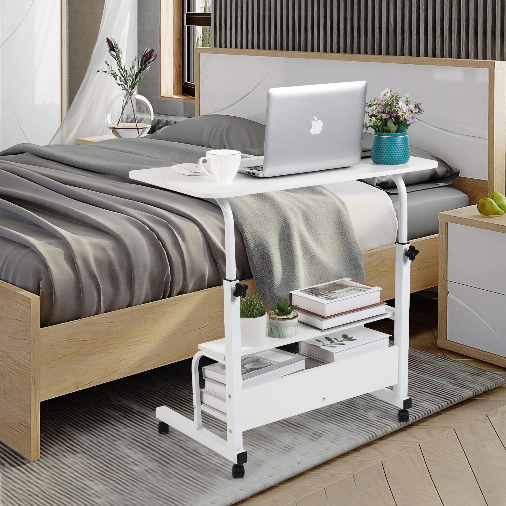 Raathionty Adjustable Home Office Desk Portable Study Computer Rolling Desk for Small Spaces Movable Sofa Side Table on Wheels Student Small Laptop Desk with Storage White Size 31x16 Inch