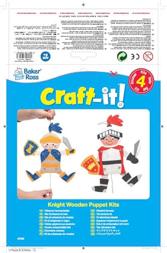 Baker Ross AT699 Knight Wooden Puppet Kits - Pack of 4, for Kids Arts and Crafts Projects