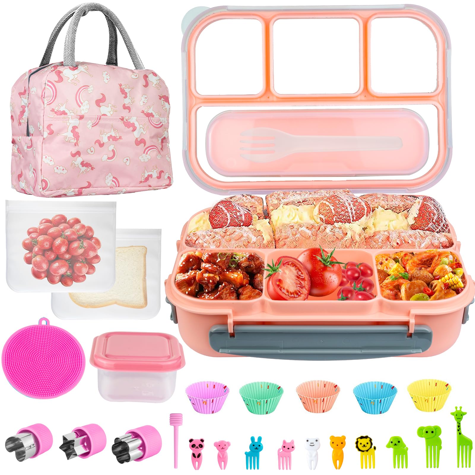 52Pcs Bento Box Lunch Box Kit, 1300ML Lunch Container for Kids/Adults/School, Durable Leak-proof Box 4 Compartments with Lunch Bag,Spoon,Fork,Accessories,for Dishwasher Refrigerator Microwave(Pink)