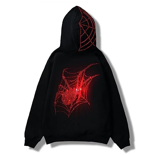Amiblvowa Womens Men Full Zip Up Over Face Spider Rhinestone Hoodies Y2k Gothic Skull Skeleton Graphic Print Hooded Jacket Streetwear