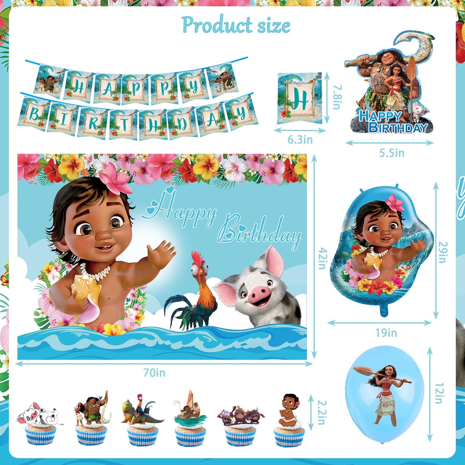 52PCS Moana Themed Party Supplies Include Moana Birthday Banner, Moana Balloons,Cake Toppers