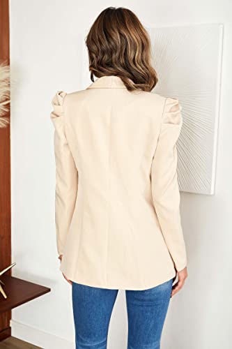 Asvivid Womens Tweed Blazers Casual Open Front Office Blazers Puff Sleeve Jackets Work Suit with Pockets Apricot,M