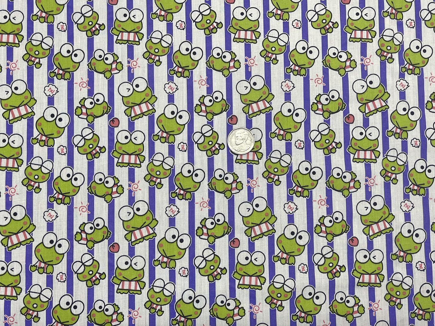 AMORNPHAN 44 Inch Green Keroro Happy Frog Cartoon Purple Stripes Printed On White Cotton Fabric Themed Pattern with Frogs for Craft Decorative Kid Patchwork Handmade Sewing Crafting for 1 Yard