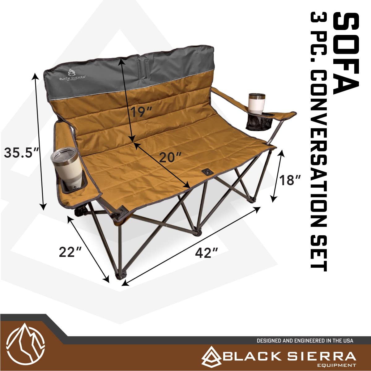 3 Piece Campfire Conversation Set for Camping, Patio, Hunting, Beach, Outdoor- Camping Folding Padded Loveseat with Deluxe Comfort Chairs- Set- Folding Set for Festivals, Beach, Camping
